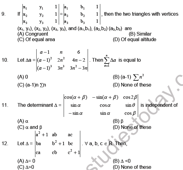 JEE Mathematics Matrices and Determinants MCQs Set A with Answers JEE Mathematics Matrices and Determinants MCQs Set A with Answers